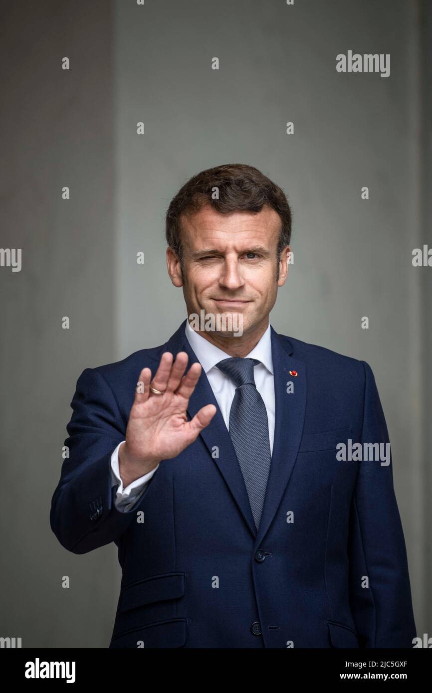 French President Emmanuel Macron gestures at the Elysee Palace in Paris ...