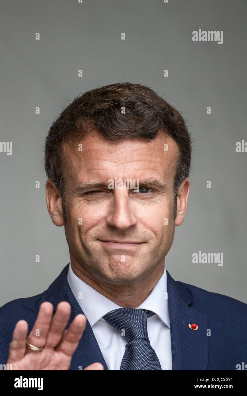 French President Emmanuel Macron gestures at the Elysee Palace in Paris ...