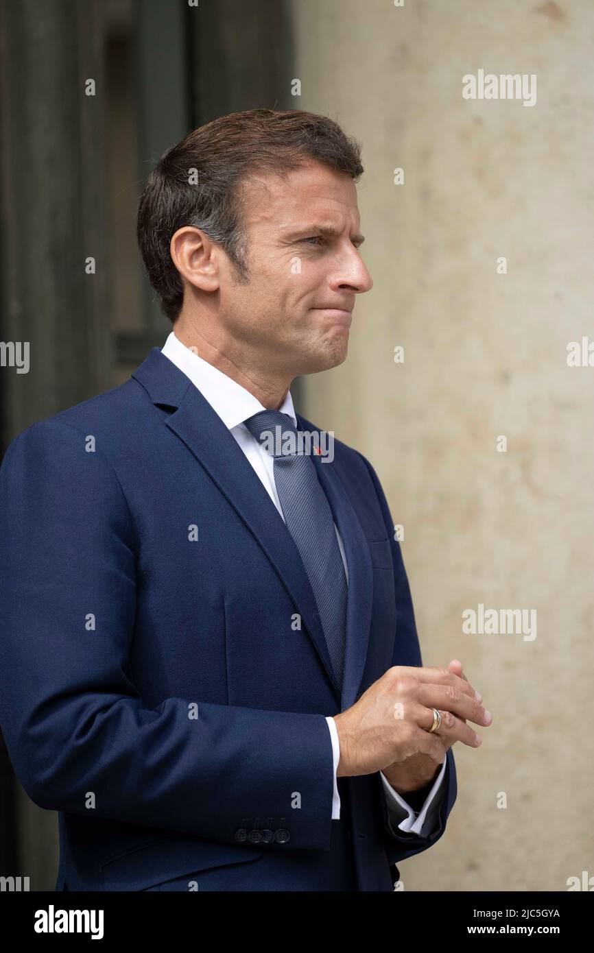 French President Emmanuel Macron gestures at the Elysee Palace in Paris ...