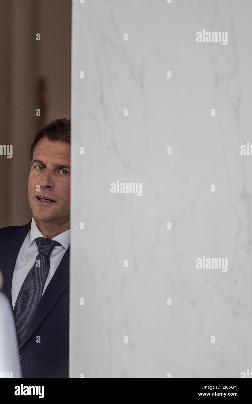 French President Emmanuel Macron gestures at the Elysee Palace in Paris ...