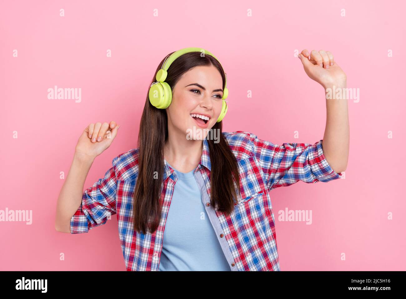 Photo of funny dreamy lady look empty space dancing enjoying her ...