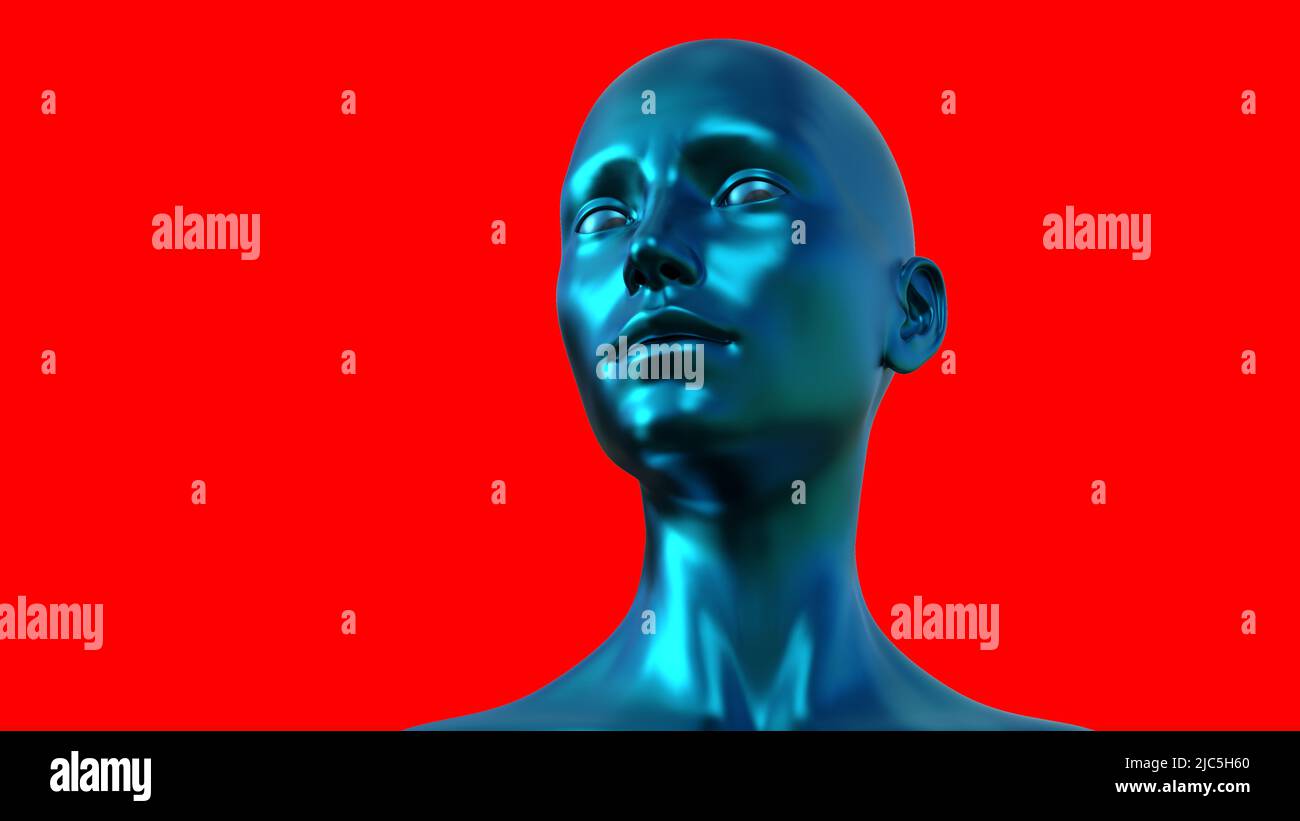 3d illustration. Portrait of a blue bald woman on a red background ...