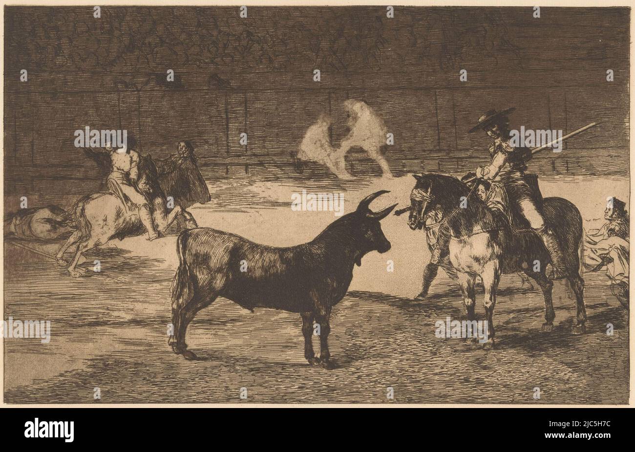 The picador Fernando de Toro, sitting on a blindfolded horse, a lance ...