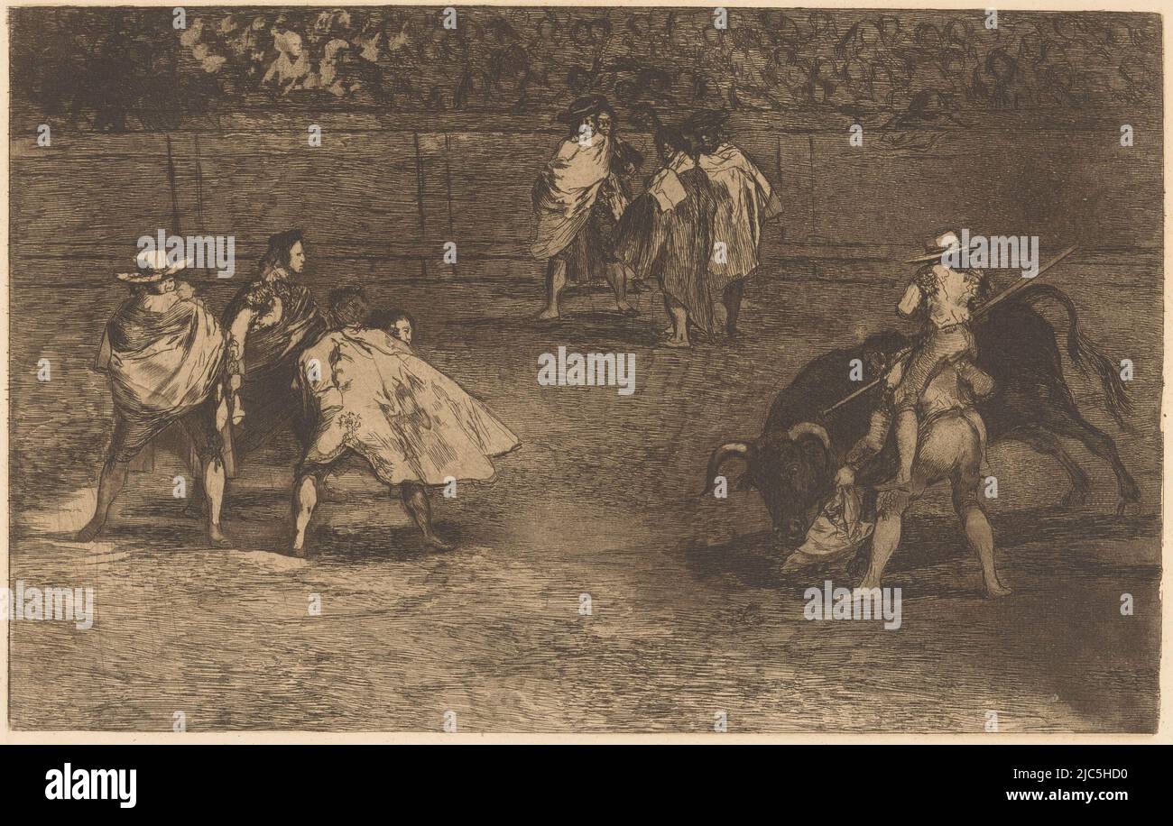 A picador, sitting on the shoulders of another man, thrusts his lance ...