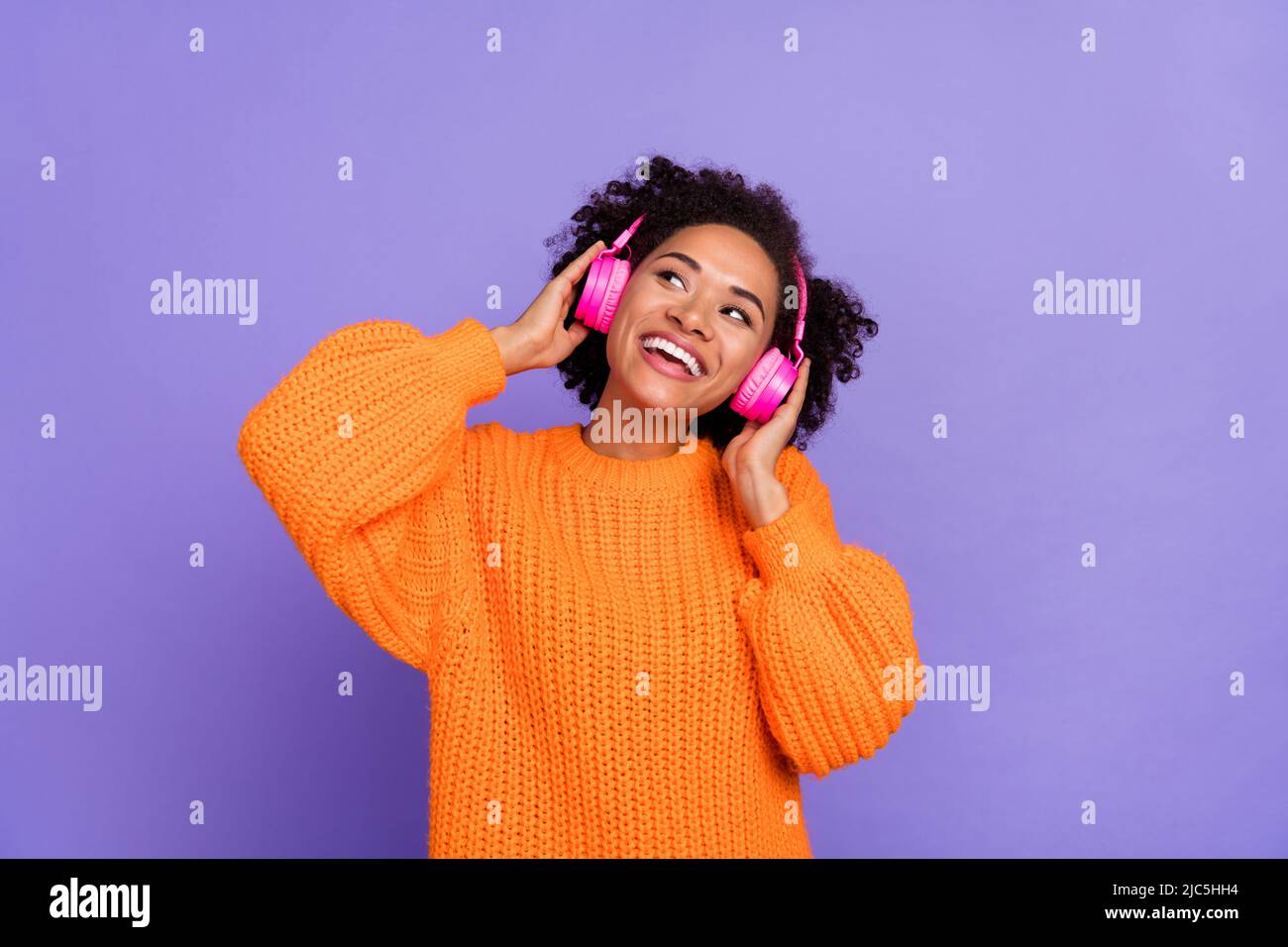 Portrait of attractive cheerful girl fan meloman having fun good mood ...