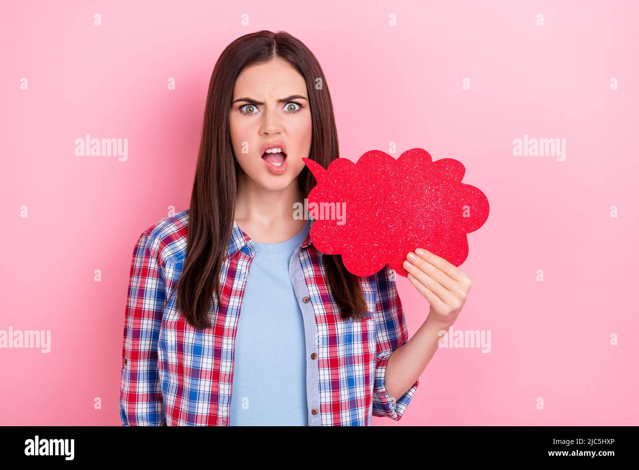 Portrait of beautiful angry bad mood girl have an argument with her ...