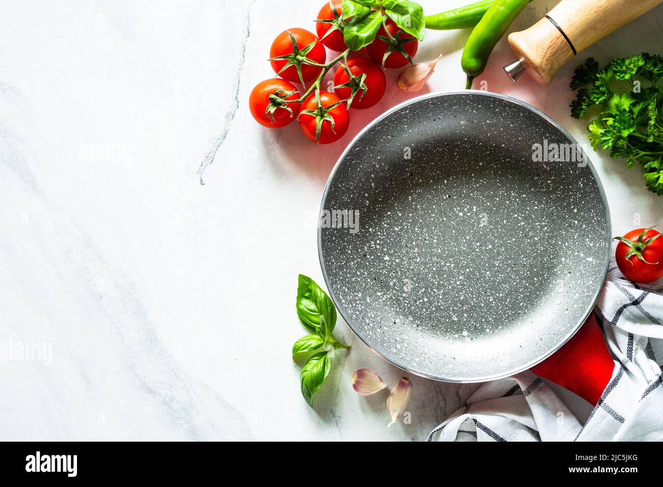 Food cooking background with Frying pan, herbs and utensil on white ...