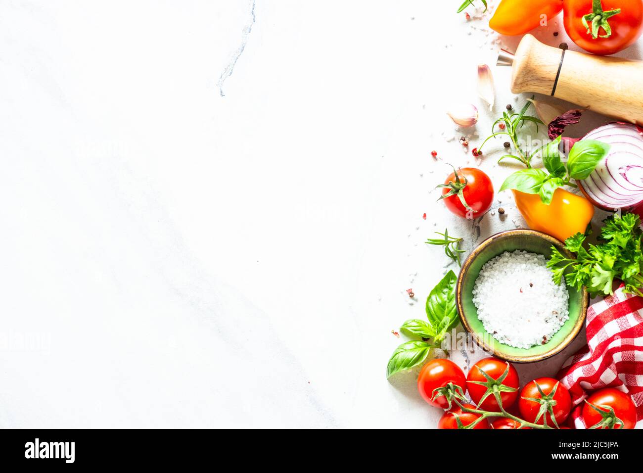 Food cooking background on white marble table Stock Photo - Alamy