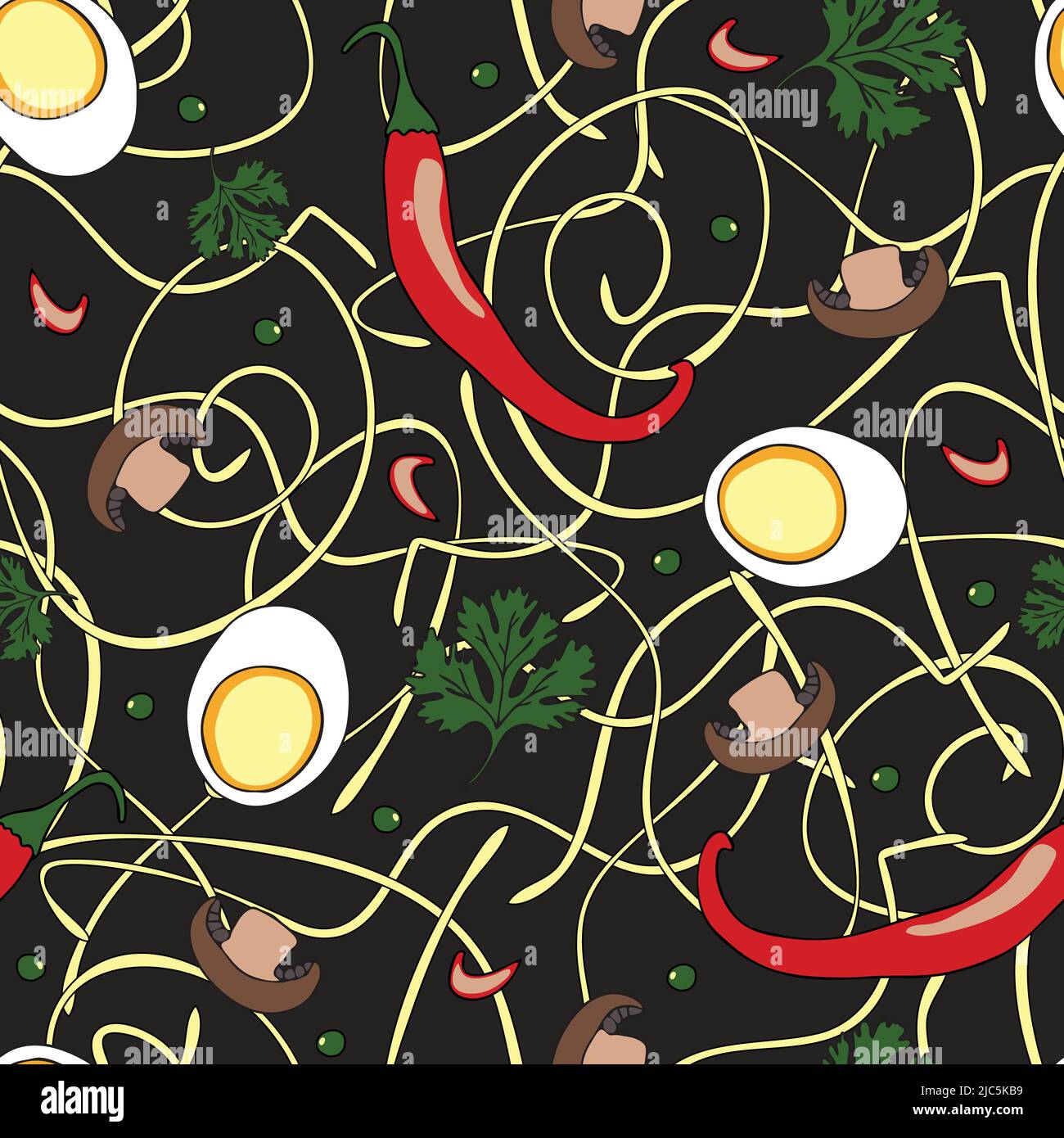 Seamless vector pattern with noodle soup ingredients on black ...