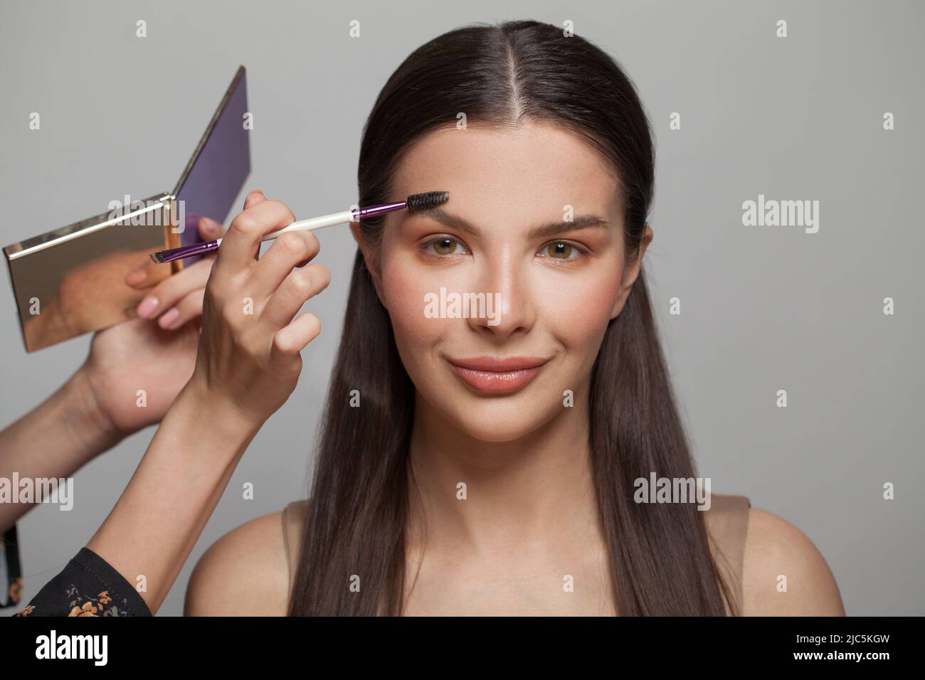 Makeup concept. Woman makeup artist applies make-up to a beautiful ...