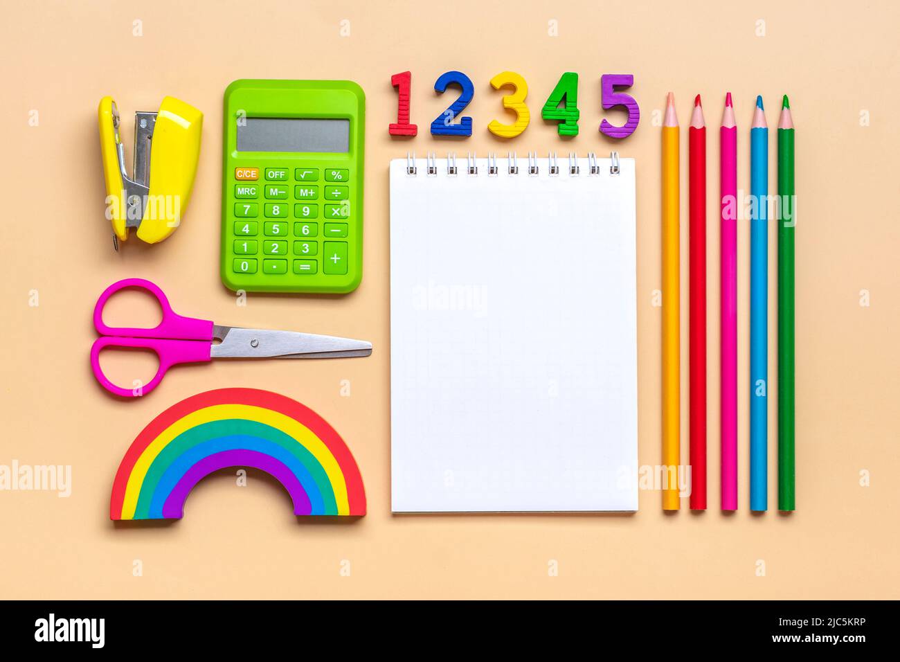 Frame from school and office supplies Paper clips, pens, calculator ...