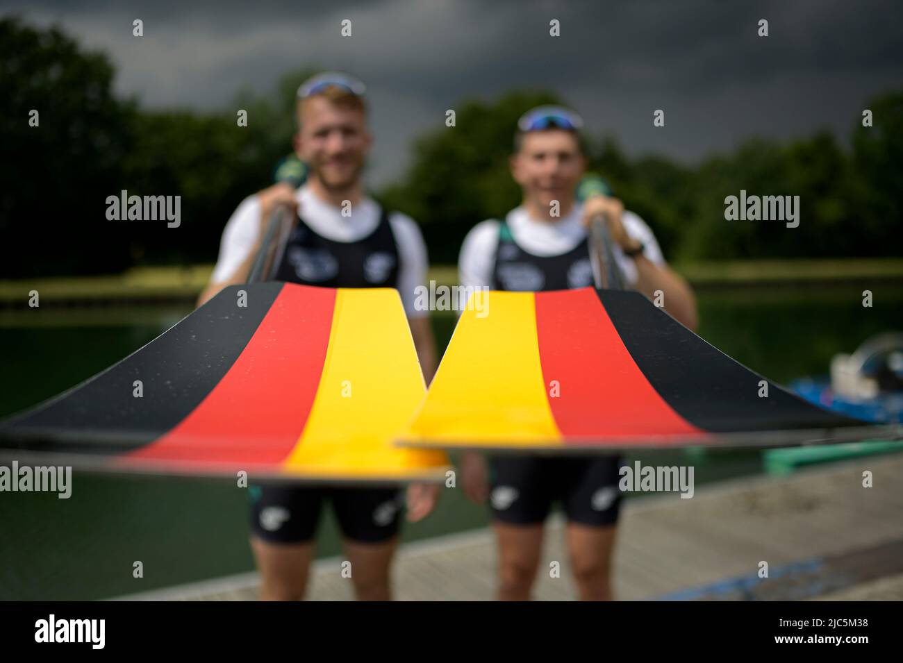 Feature, rudder blades in black-red-gold, national colors, rowing ...
