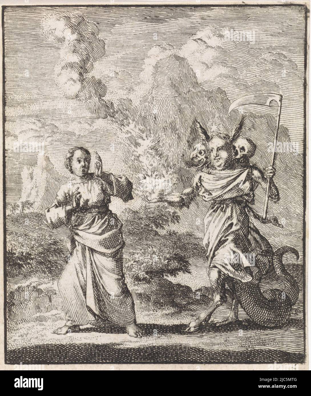 The personified soul meets the personification of Sin who holds up a ...