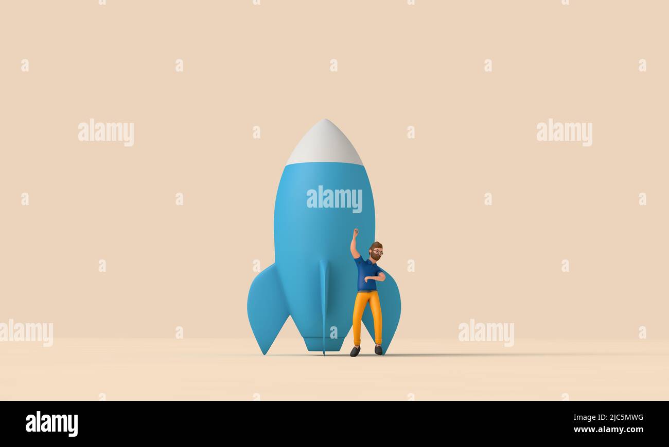 Business start up concept. Character with a rocket. 3D Rendering Stock ...