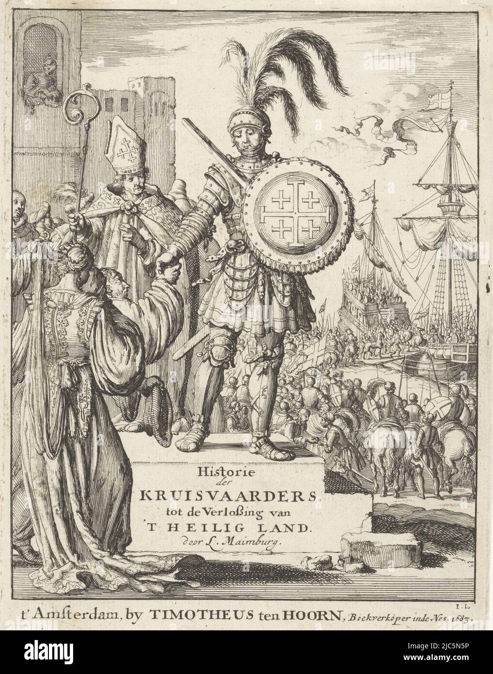 A high plumed knight stands on a platform with the coat of arms of ...