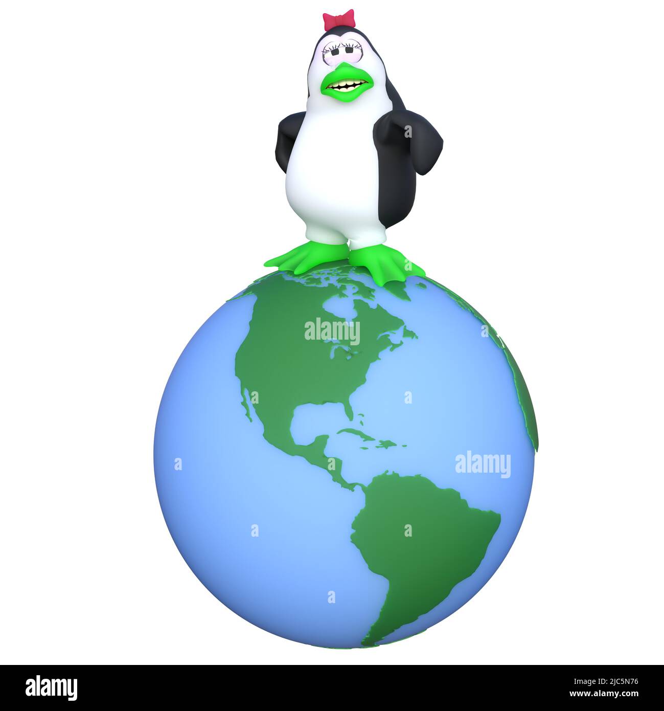 3D-illustration of a cute and funny cartoon penguine on ecosystem earth ...
