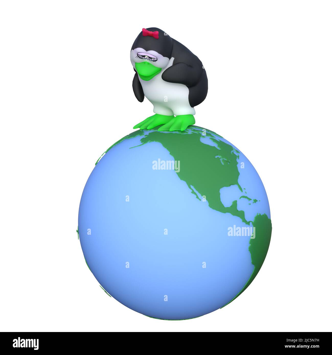 3D-illustration of a cute and funny cartoon penguine on ecosystem earth ...