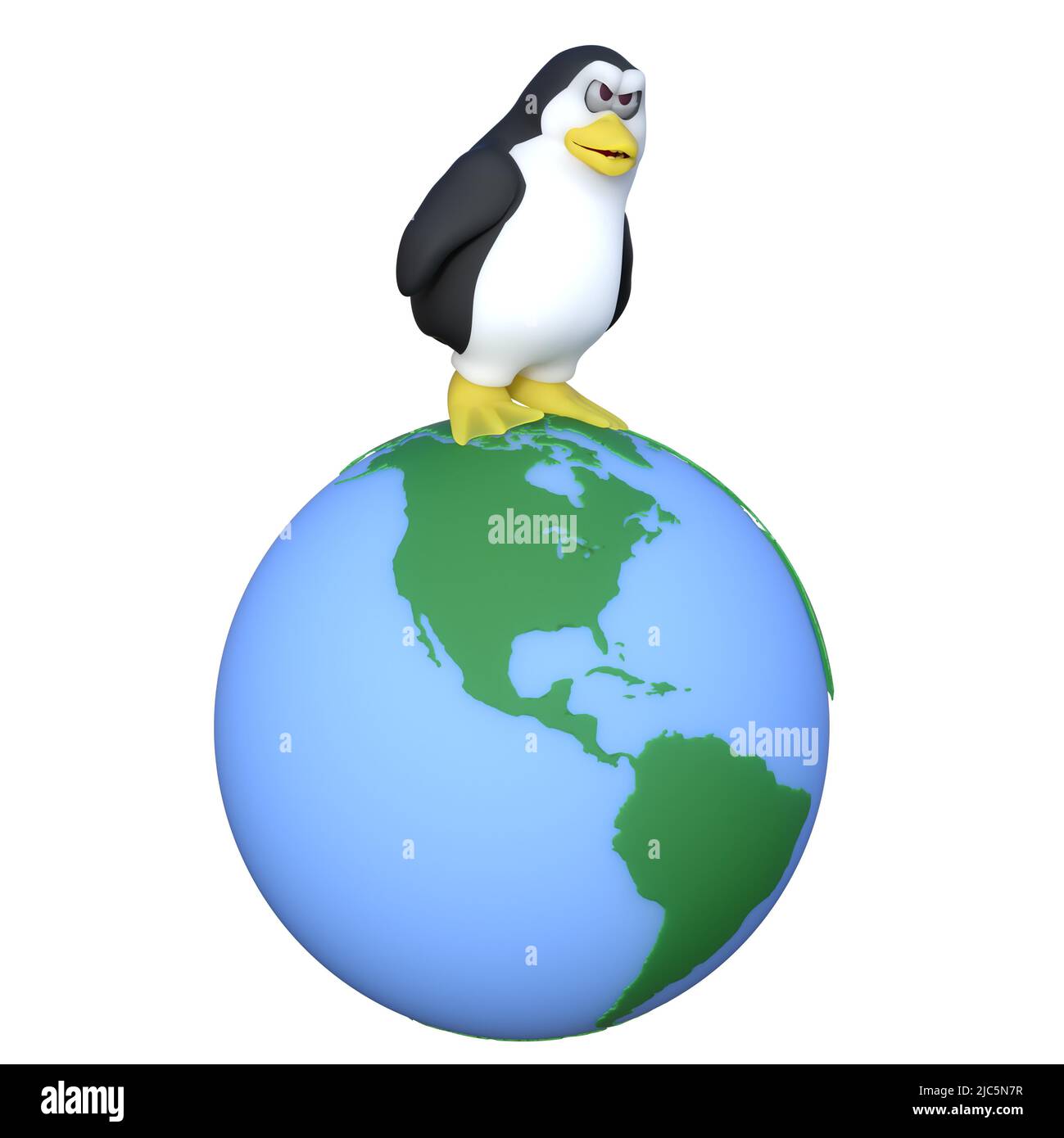 3D-illustration of a cute and funny cartoon penguine on ecosystem earth ...
