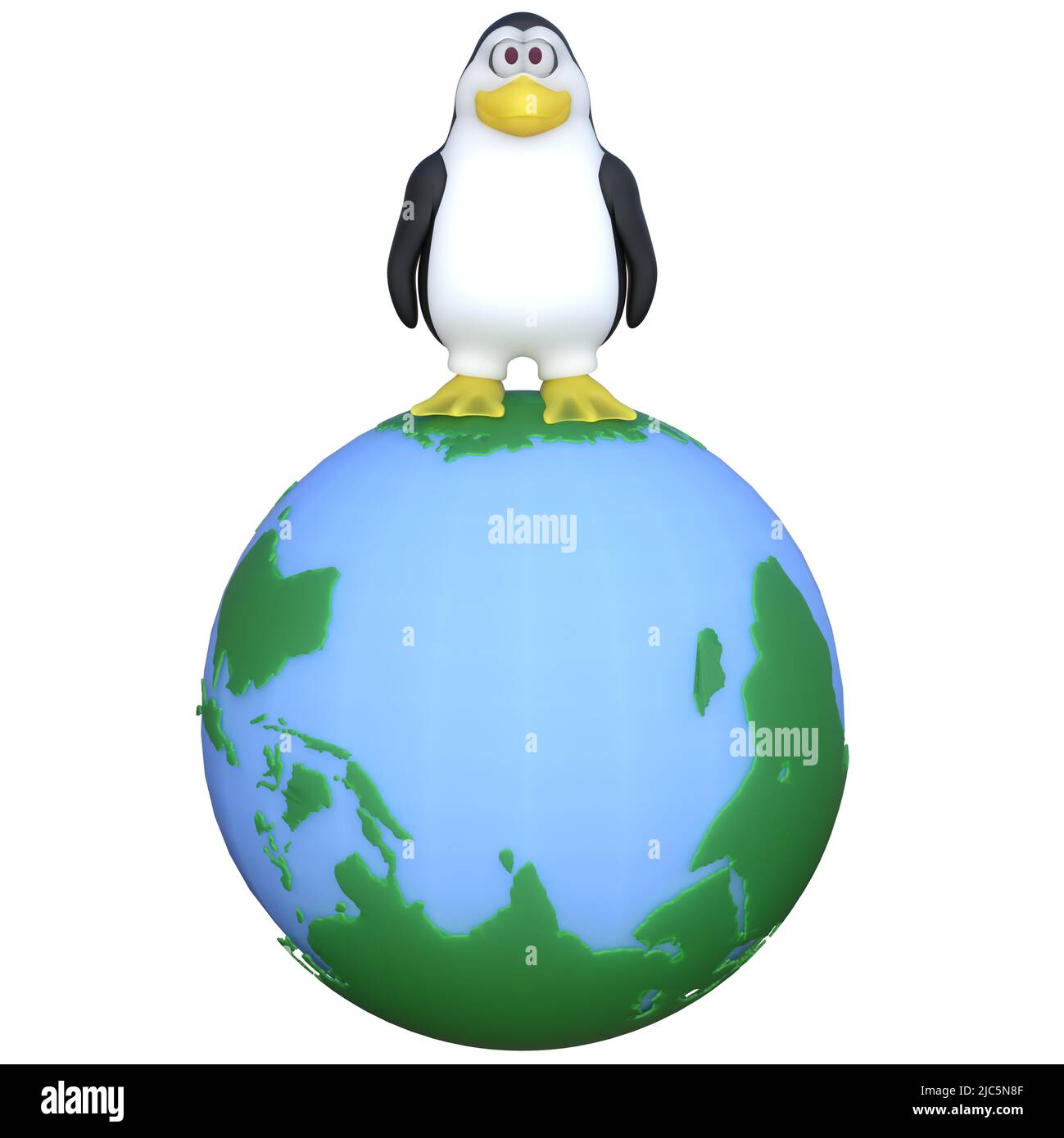 3D-illustration of a cute and funny cartoon penguine on ecosystem earth ...