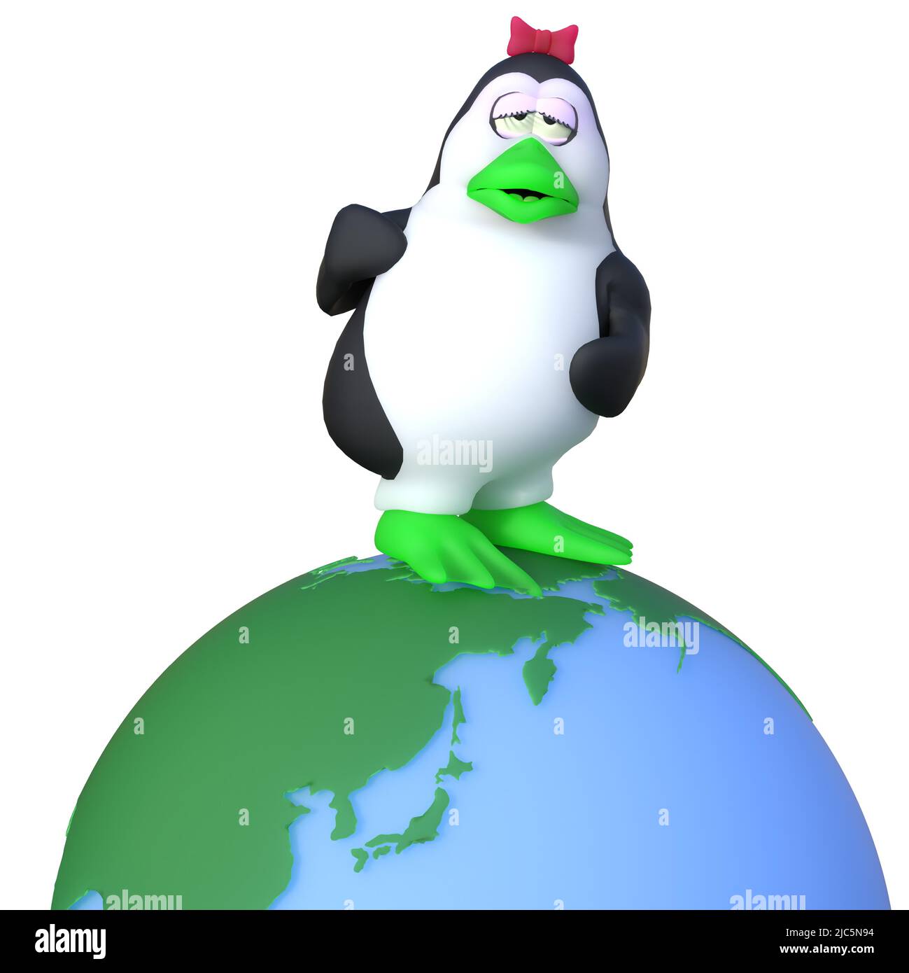 3D-illustration of a cute and funny cartoon penguine on ecosystem earth ...