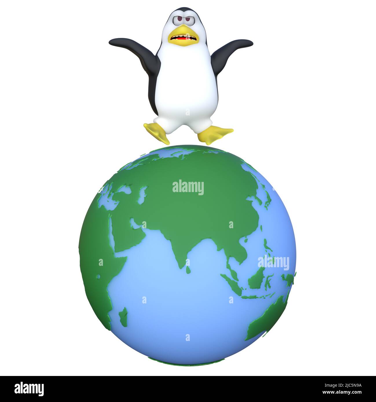 3D-illustration of a cute and funny cartoon penguine on ecosystem earth ...