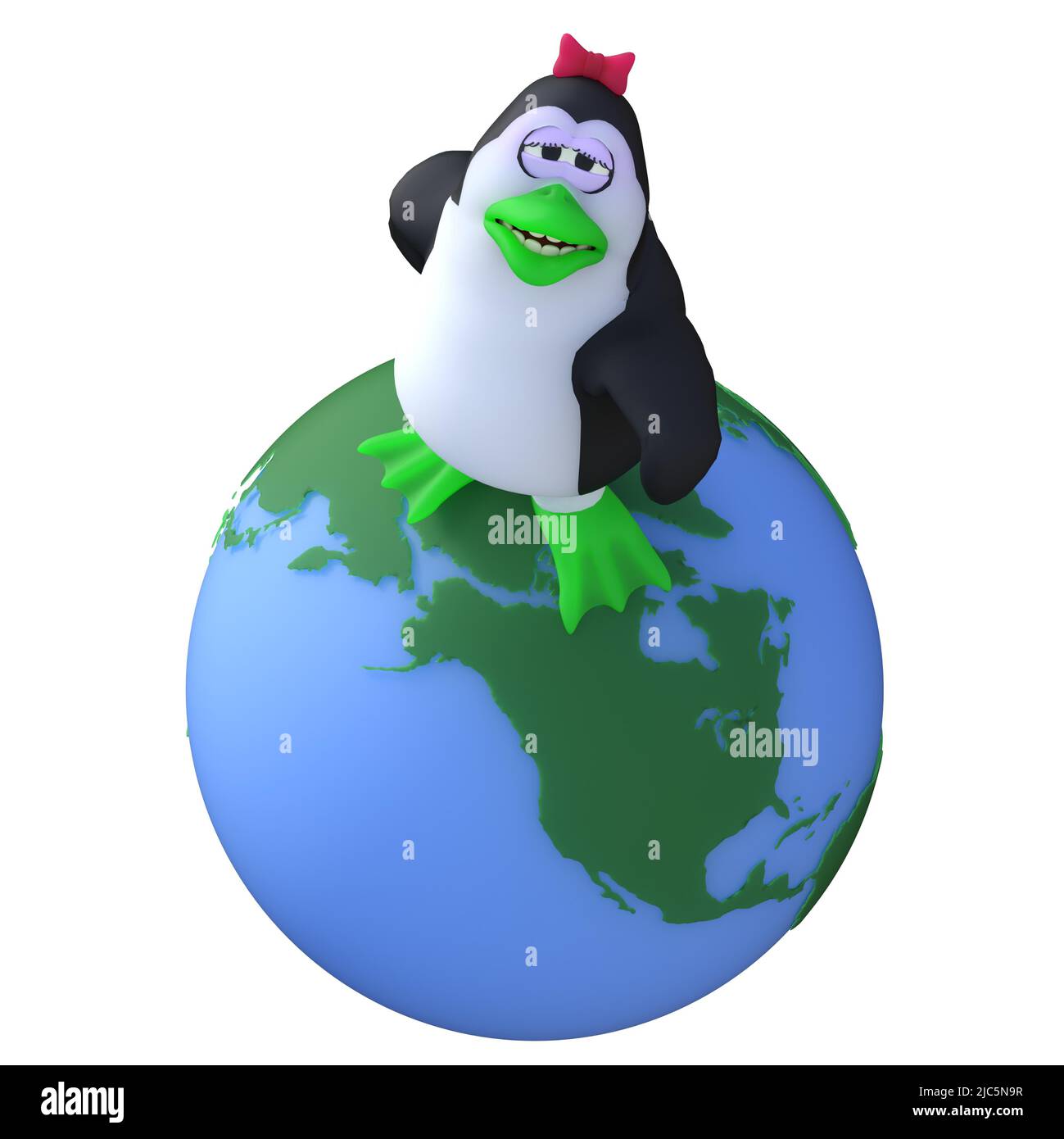 3D-illustration of a cute and funny cartoon penguine on ecosystem earth ...