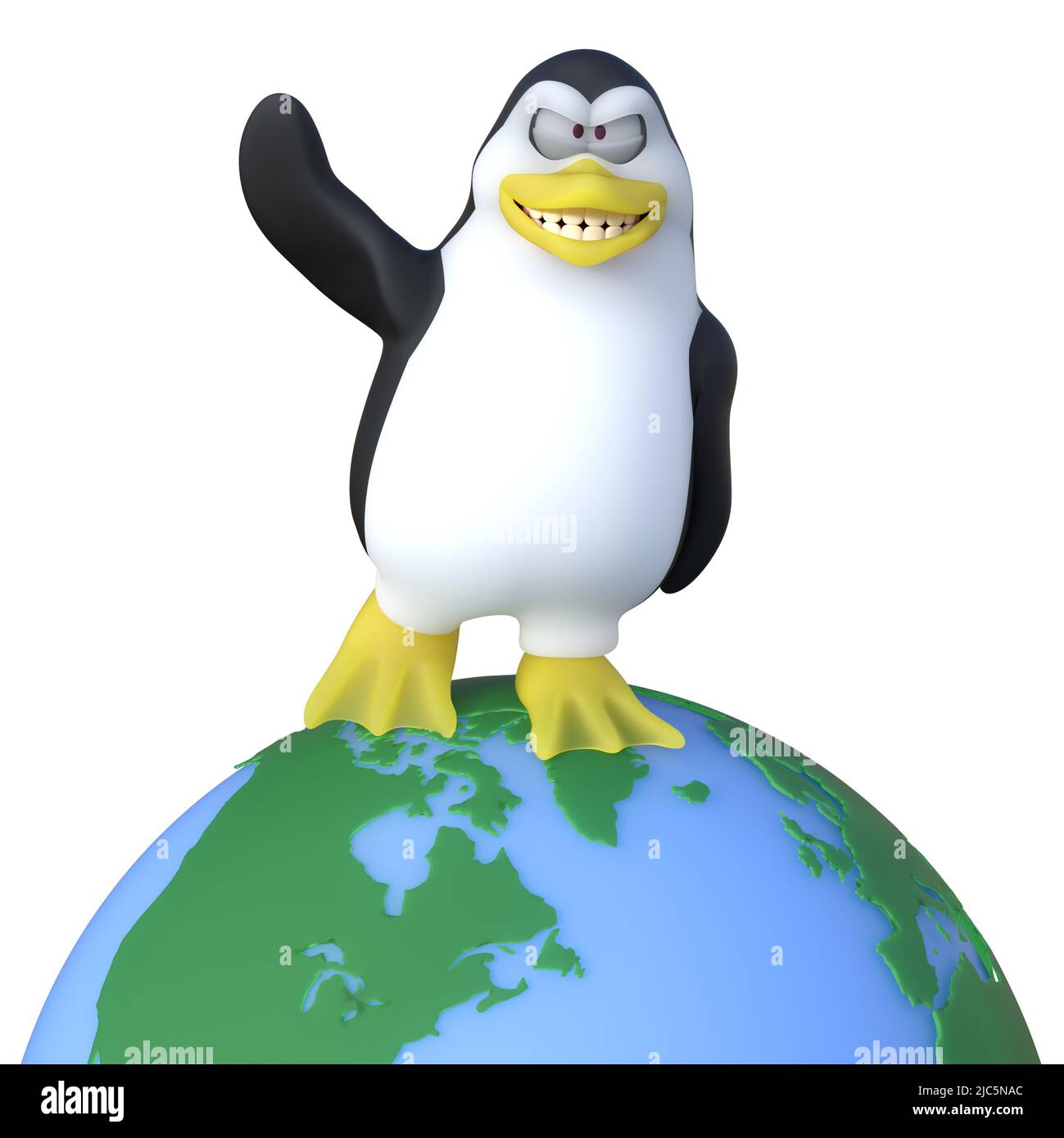 3D-illustration of a cute and funny cartoon penguine on ecosystem earth ...