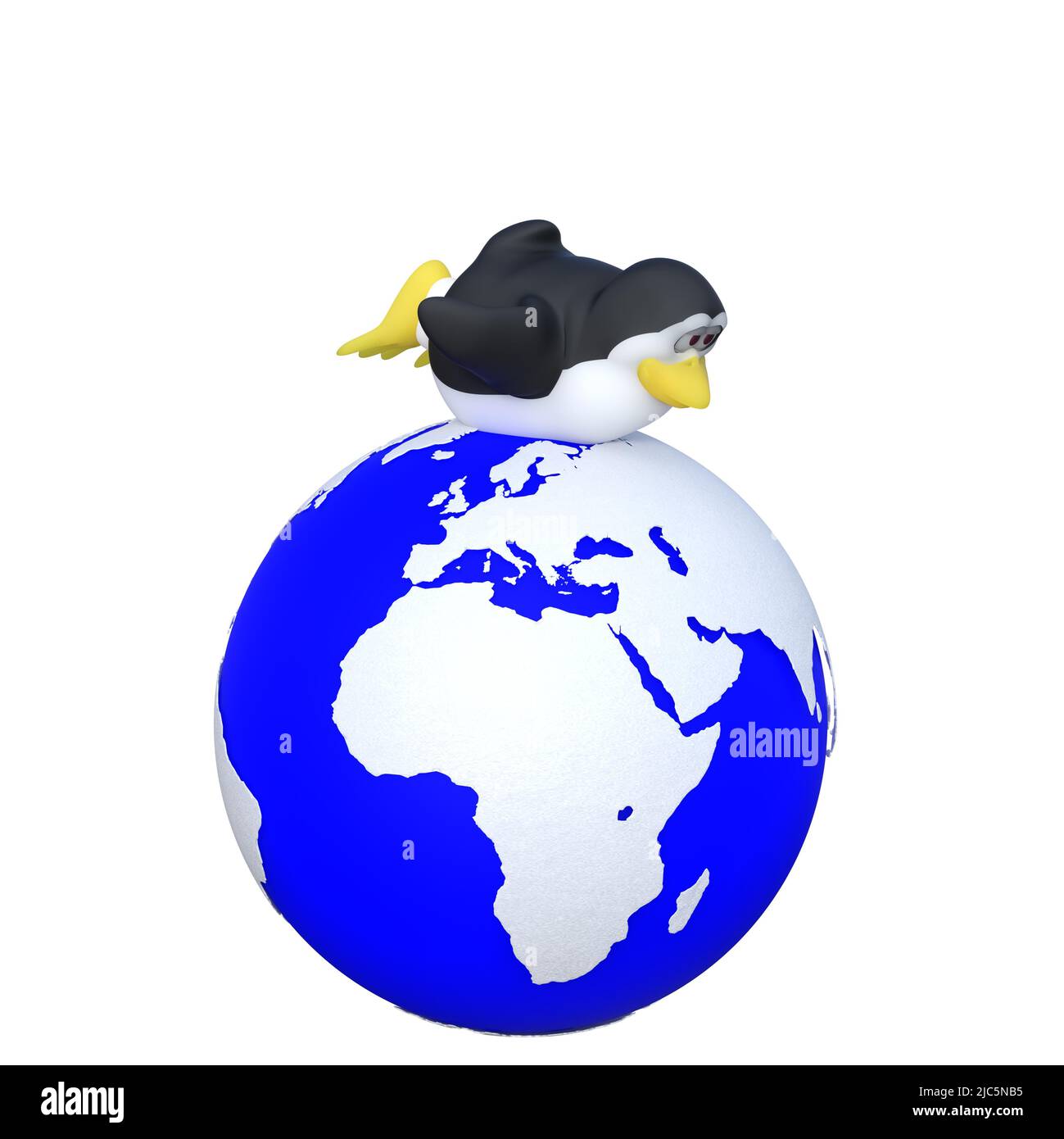 3D-illustration of a cute and funny cartoon penguine on ecosystem earth ...