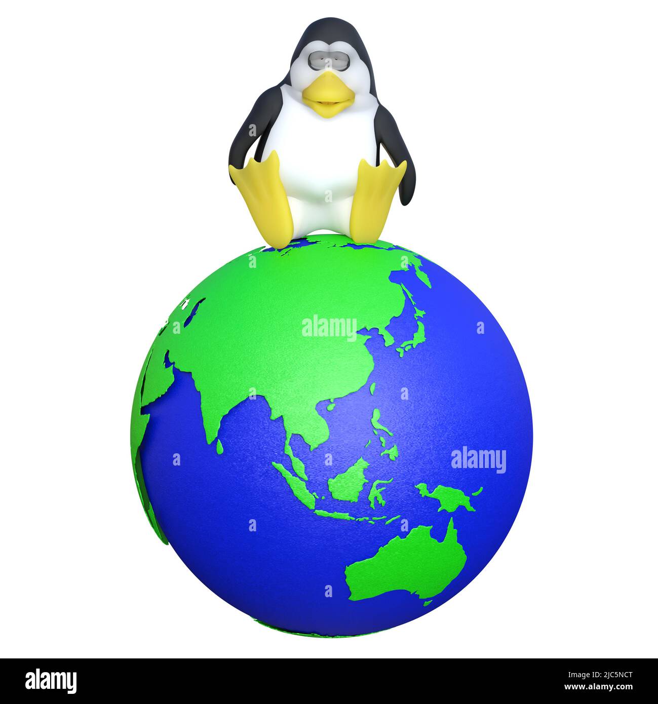 3D-illustration of a cute and funny cartoon penguine on ecosystem earth ...