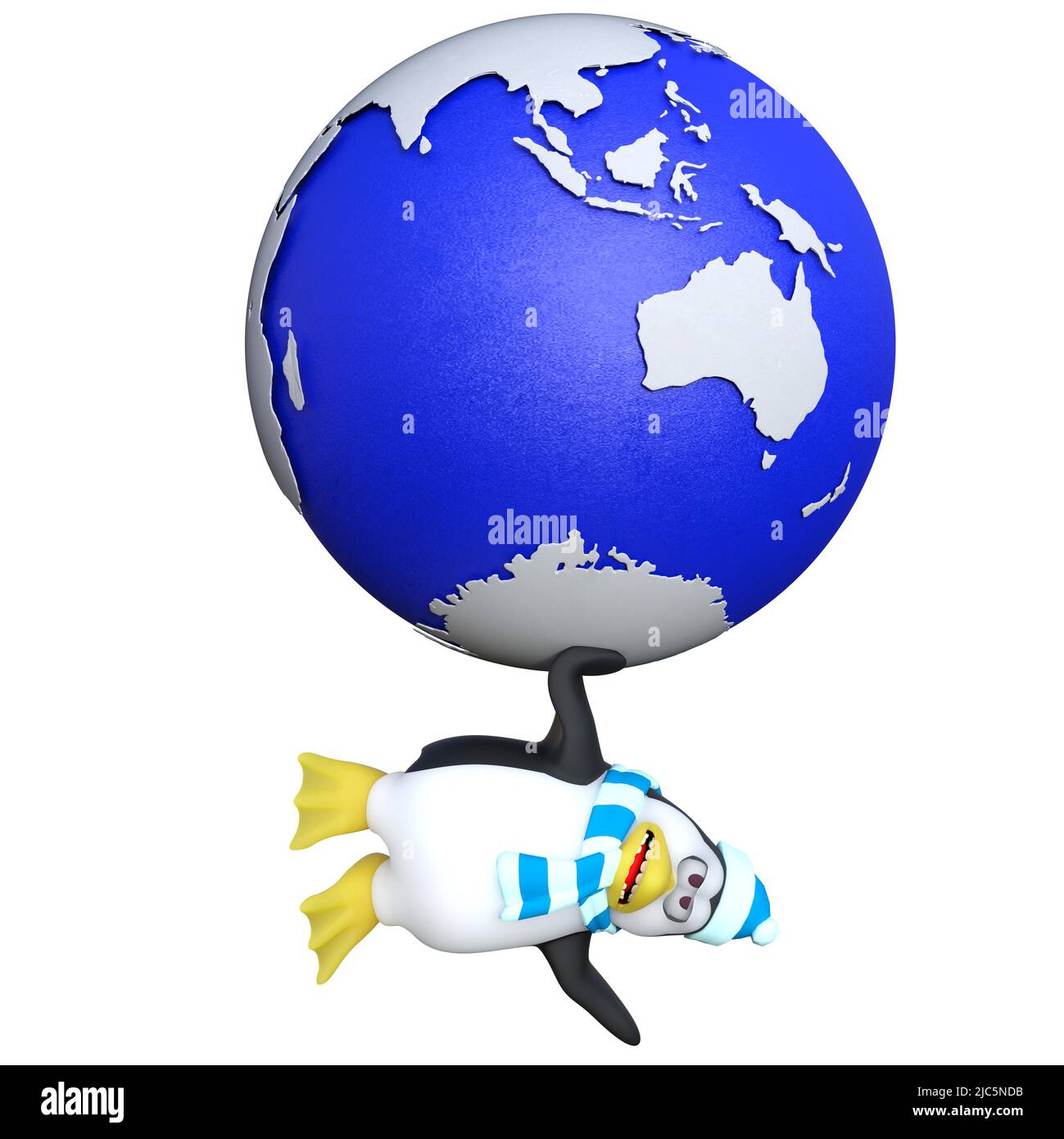 3D-illustration of a cute and funny cartoon penguine on ecosystem earth ...