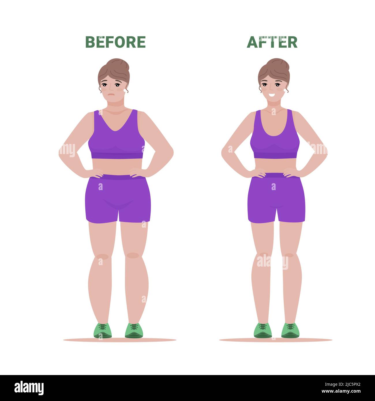 Fat female turn slim in gym. Woman before and after training course ...