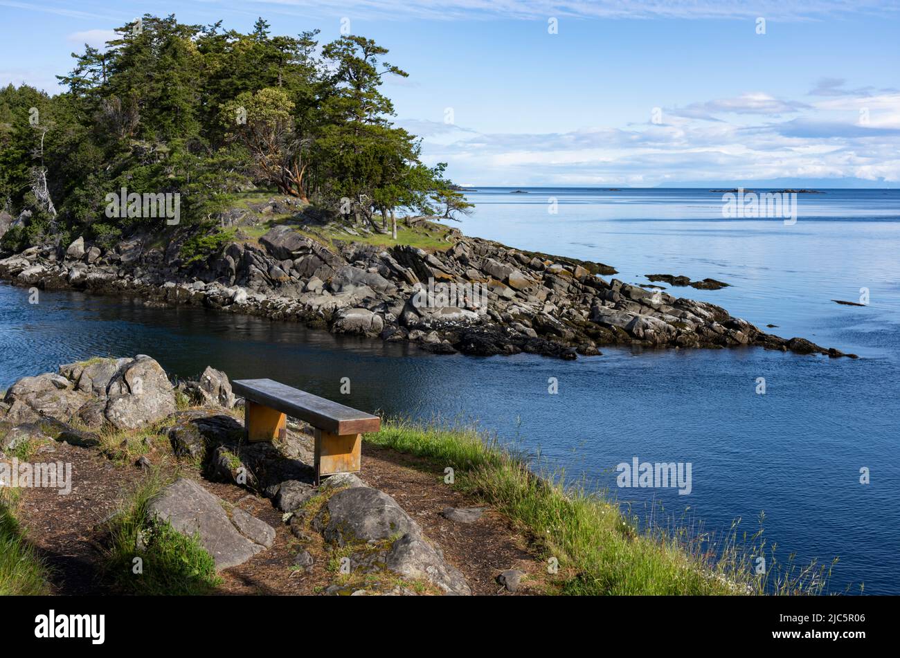 A bench overlooks the entrance to Winter Cove on Saturna Island in ...