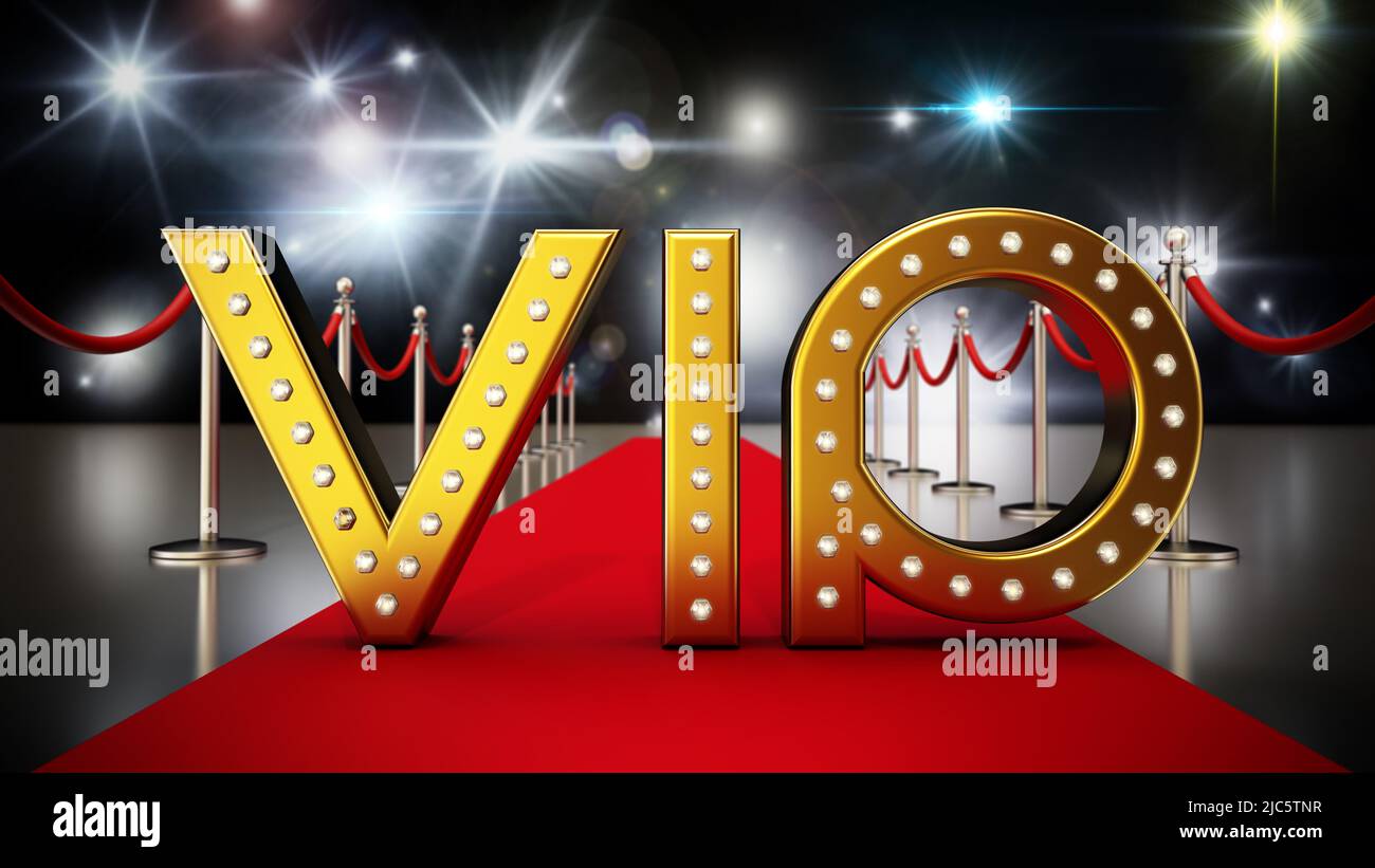Golden VIP text standing on red carpet. Camera flashes in the ...
