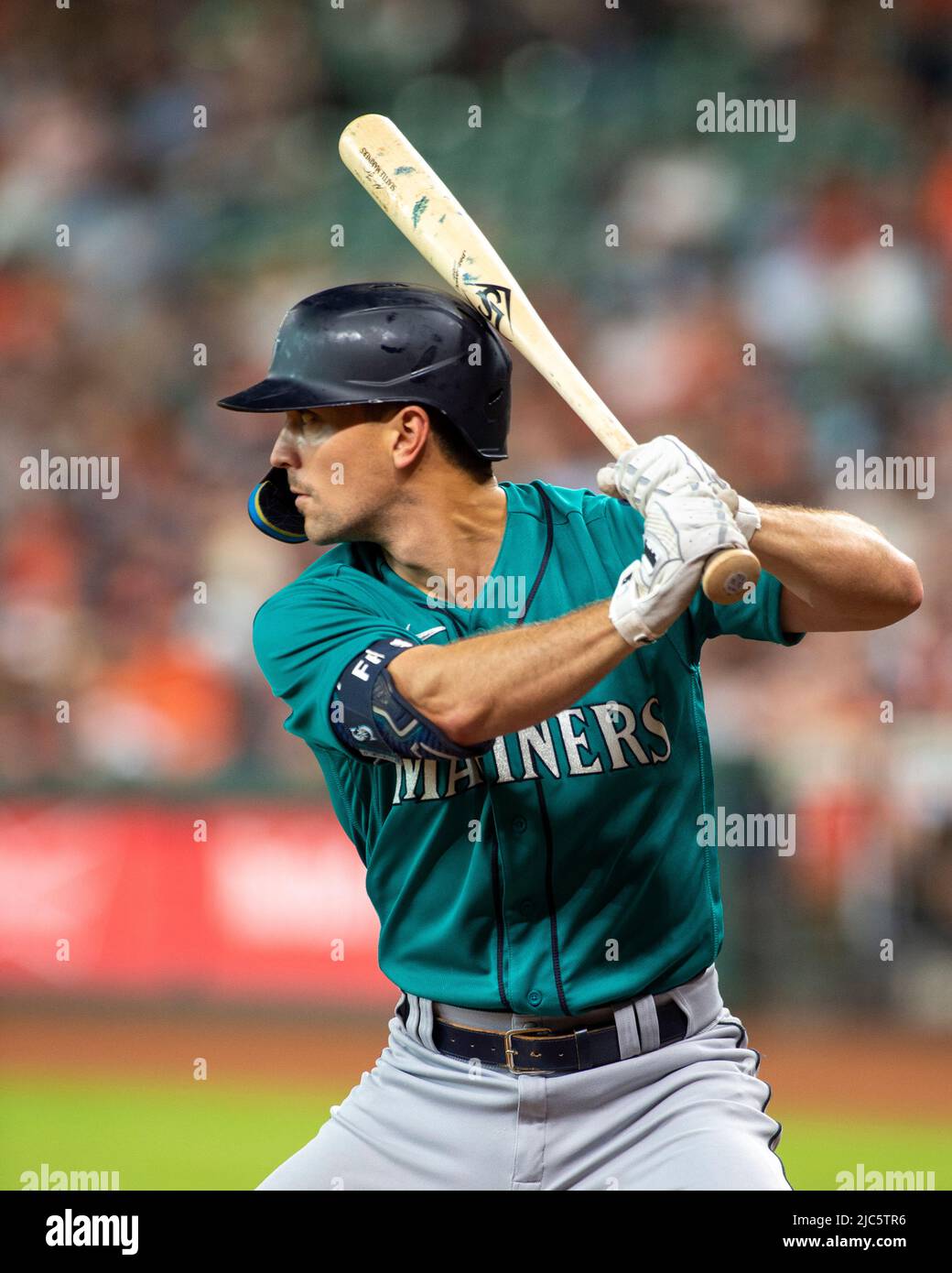 Seattle Mariners second baseman Adam Frazier (26) bats in the top of ...