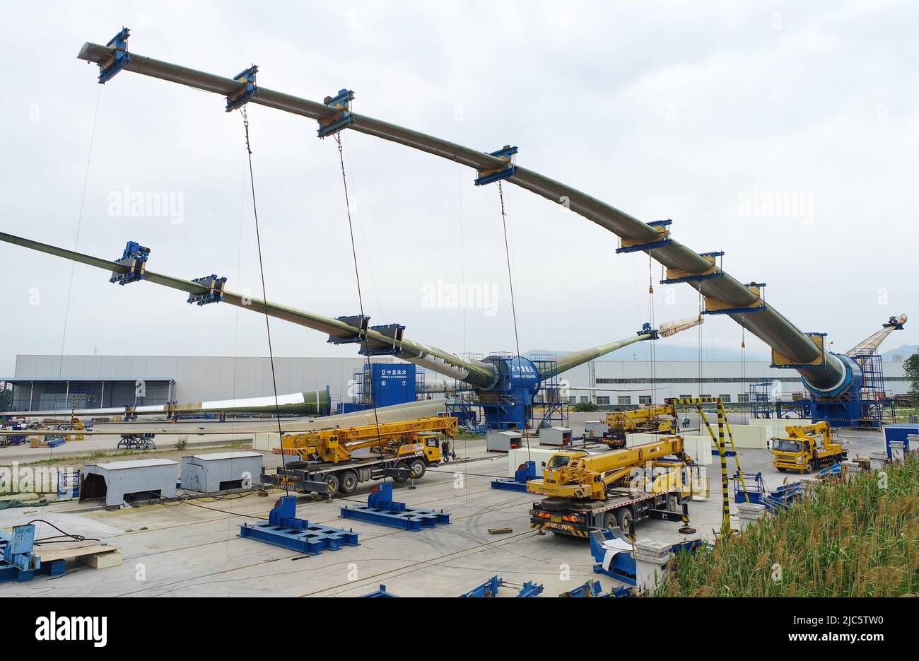 LIANYUNGANG, CHINA - JUNE 10, 2022 - A wind turbine blade is tested ...
