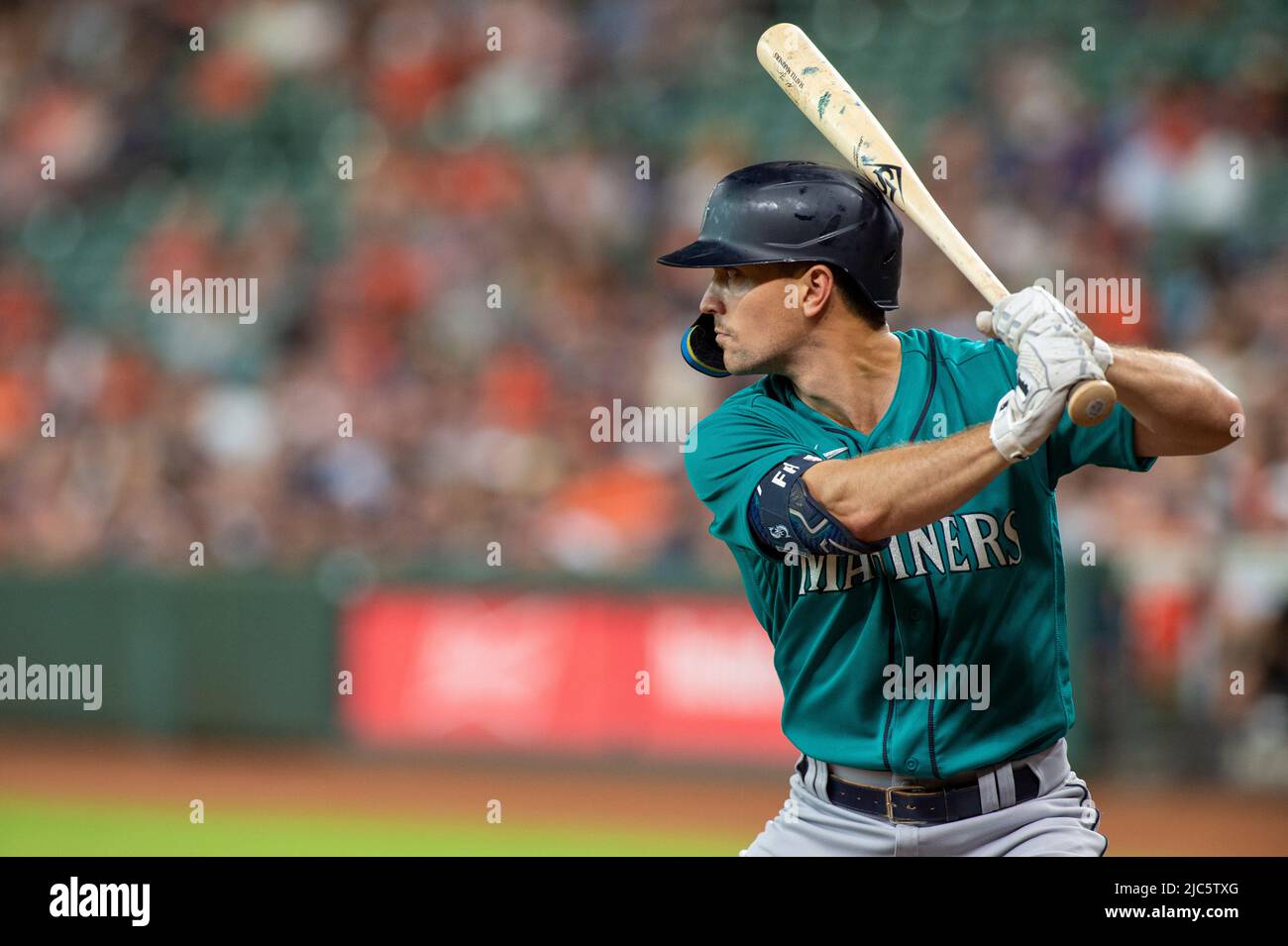 Seattle Mariners second baseman Adam Frazier (26) bats in the top of ...