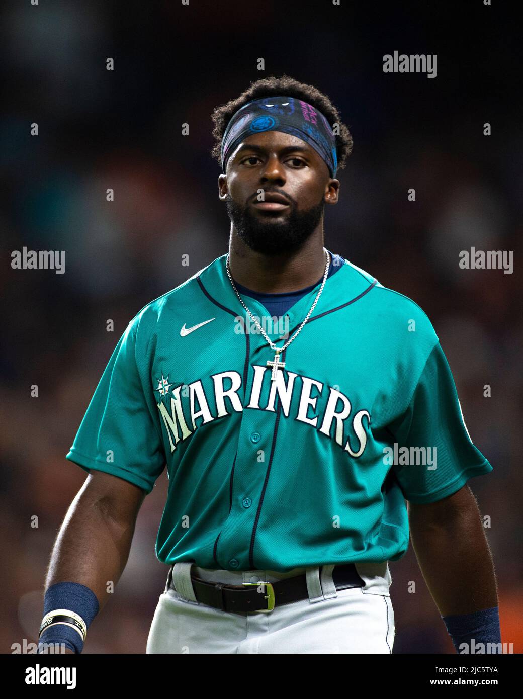 Seattle Mariners left fielder Taylor Trammell (20) is a bit frustrated ...