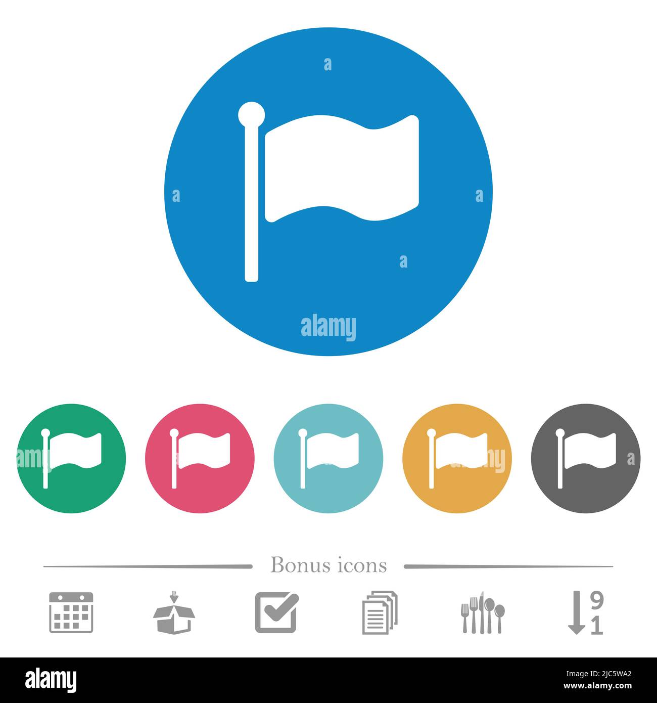 Single flag solid flat white icons on round color backgrounds. 6 bonus ...