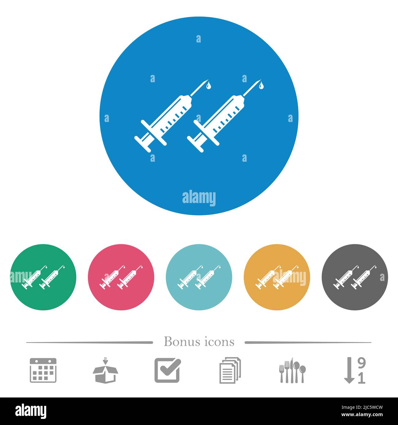 Second vaccine dose flat white icons on round color backgrounds. 6 ...