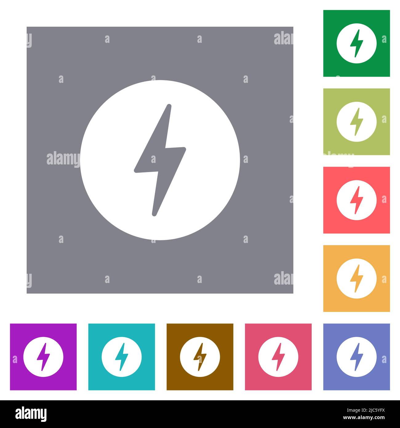 Lightning in circle solid flat icons on simple color square backgrounds ...