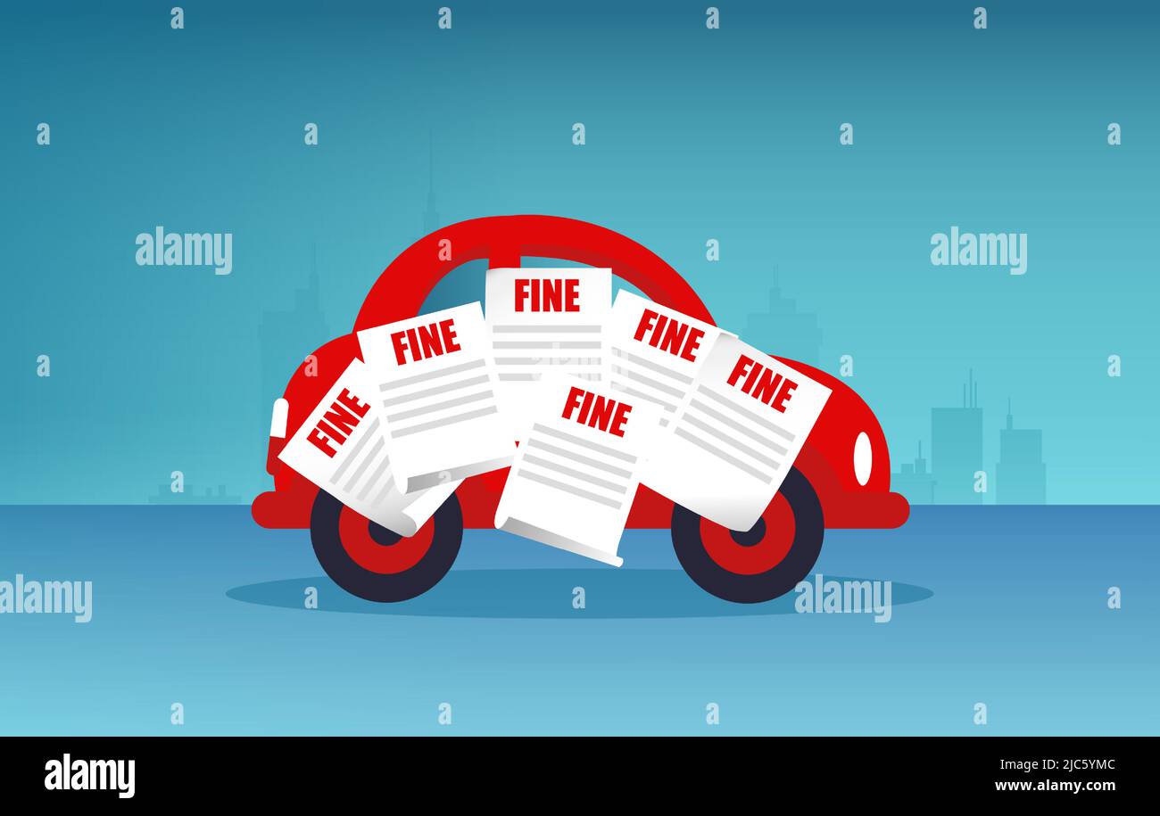 Vector of a car with multiple traffic tickets on a cityscape background ...