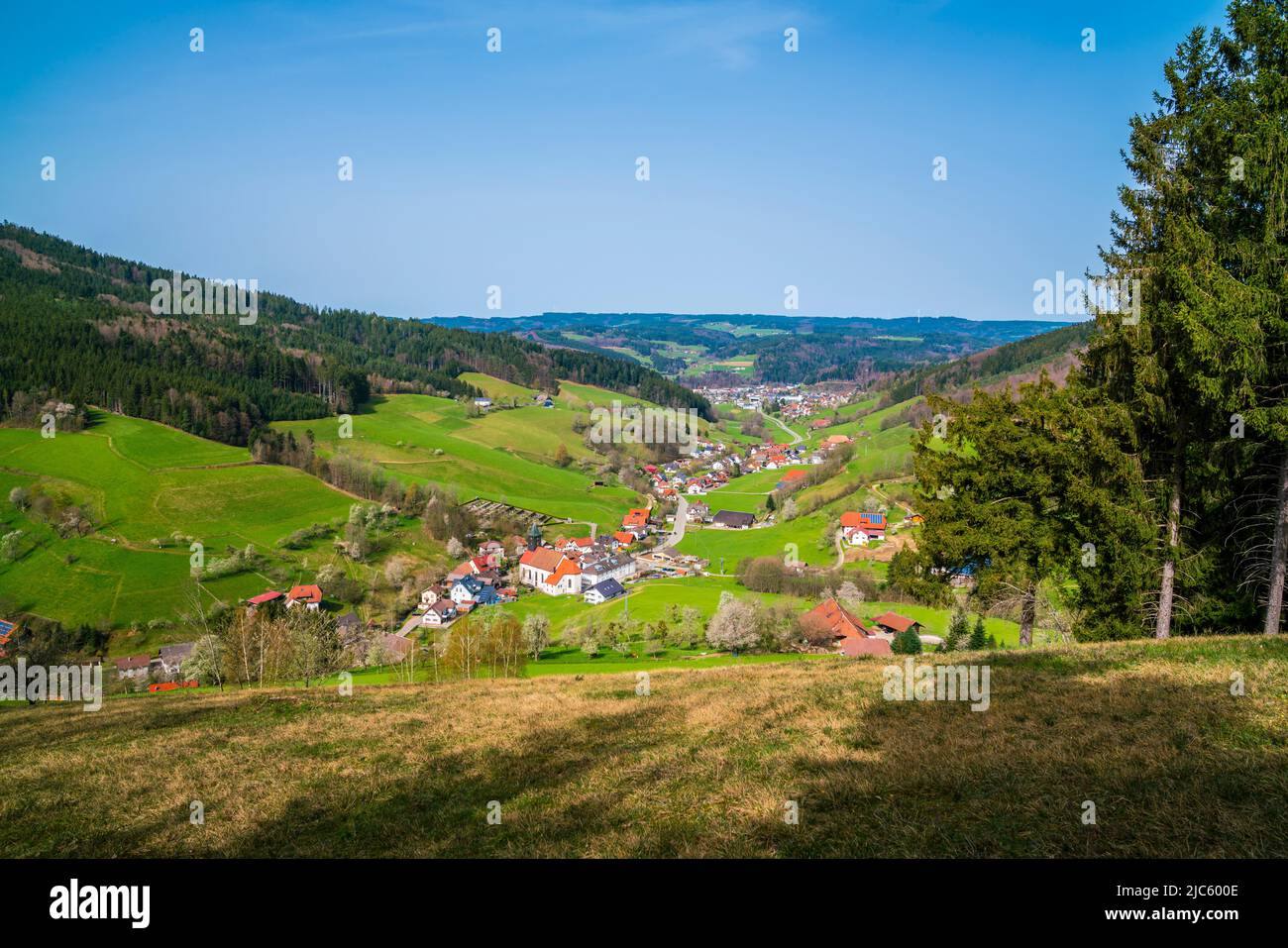 Germany, Rural schwarzwald village elzach view above church and houses ...