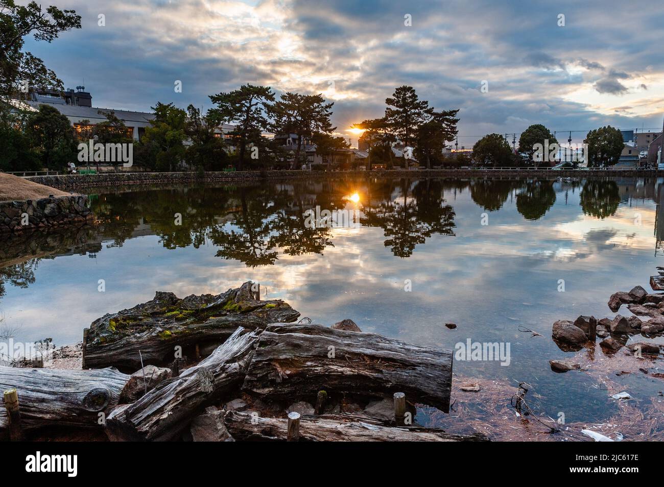 Nara, Japan - January 5, 2020. Exterior sunset shot from Sarusawa Pond ...