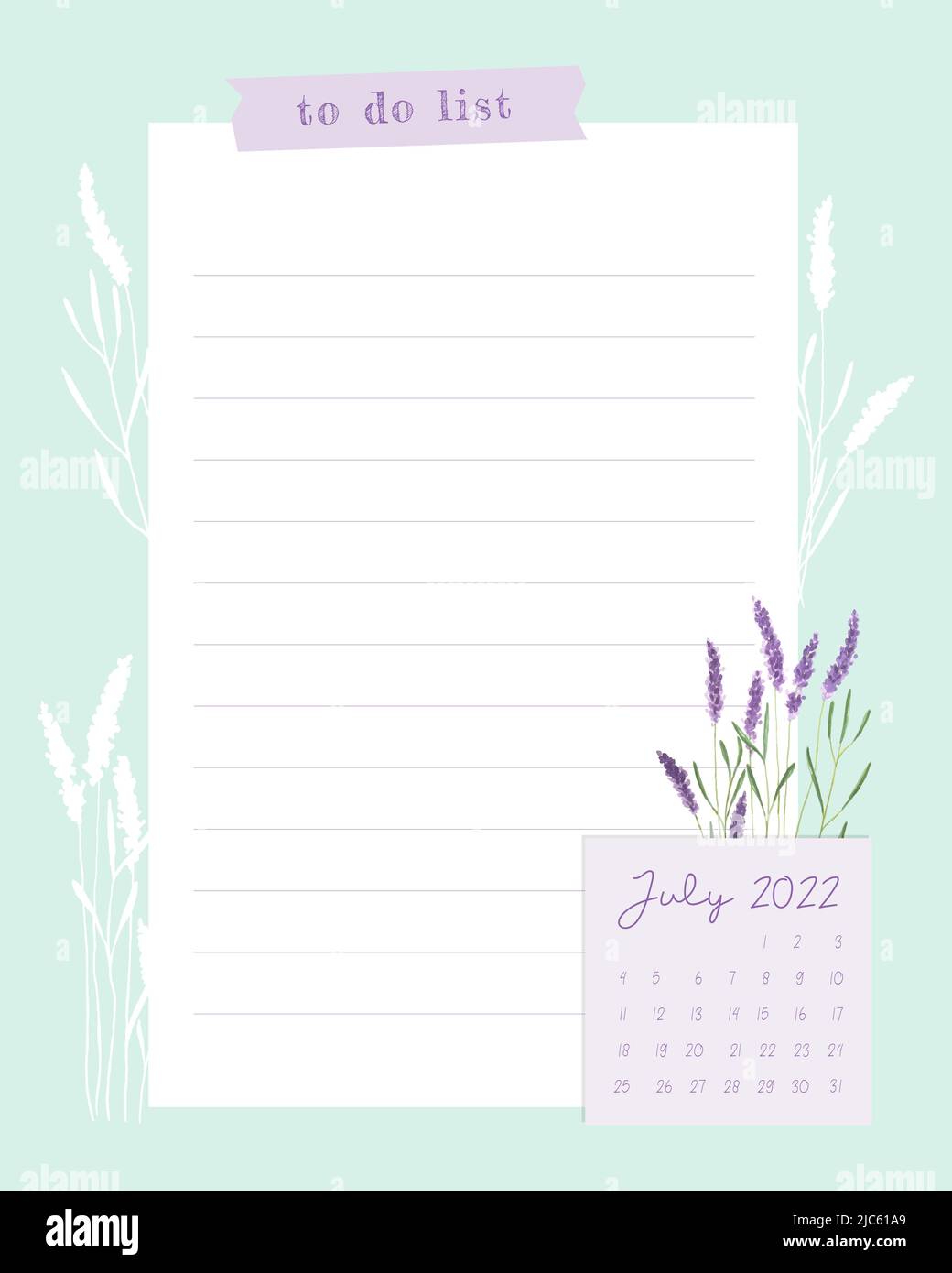 Calendar July 2022 To do list , template, blank, lavender watercolor ...