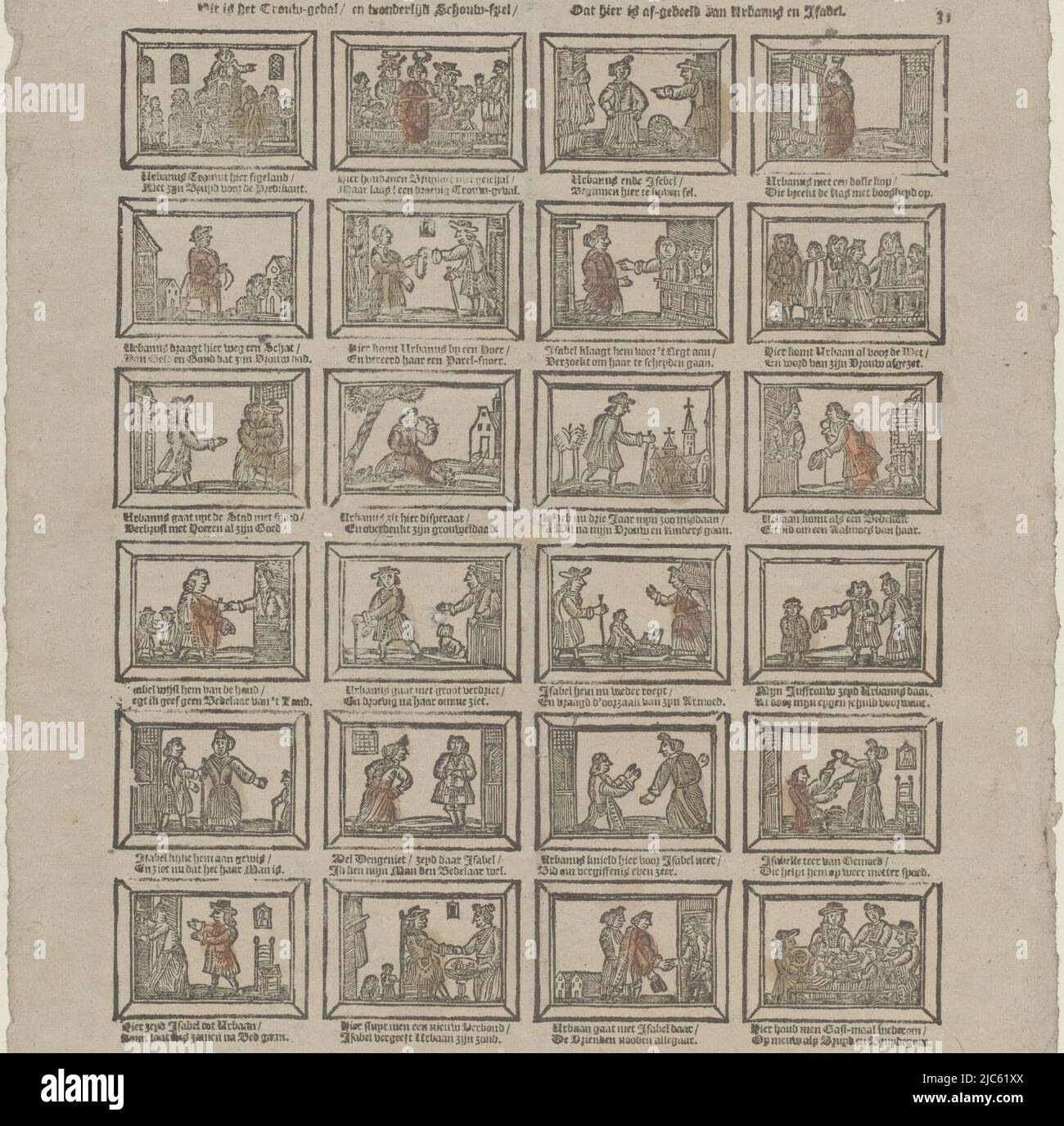Sheet with 24 scenes from the life of Urban and Isabel. They marry ...