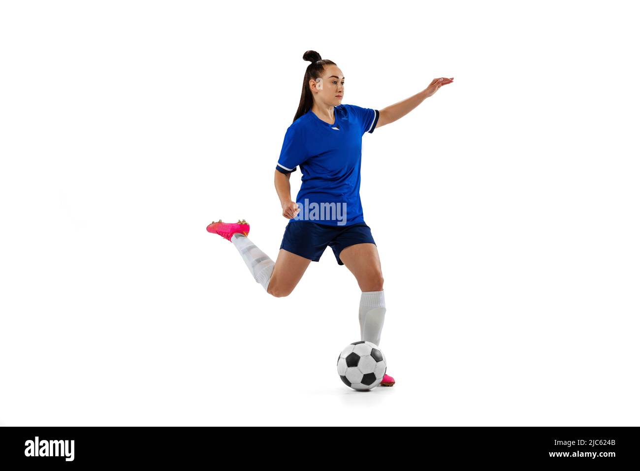 One sportive girl, female soccer, football player training isolated on ...