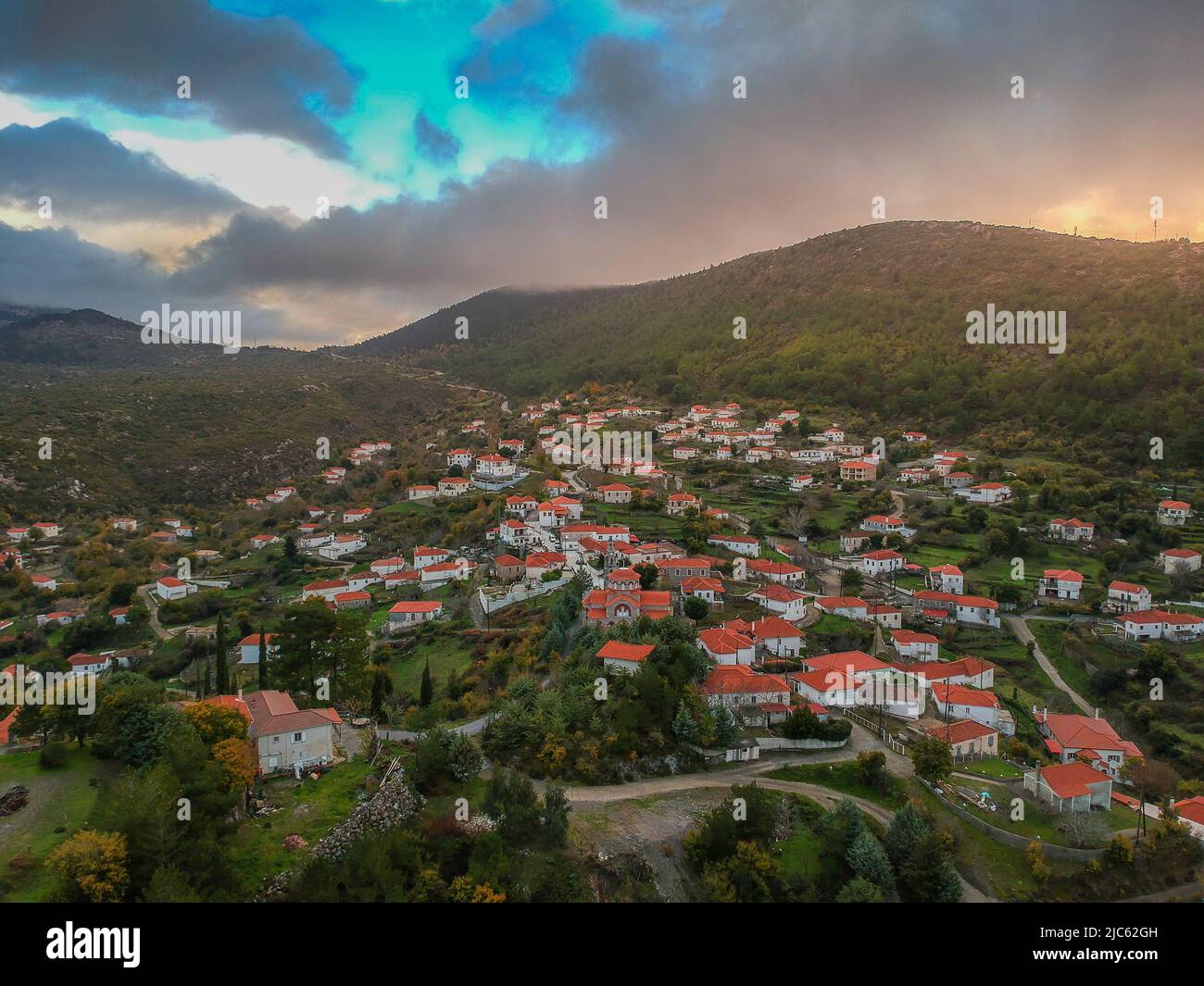 Aerial panoramic view of the picturesque mountainous village Kremasti ...