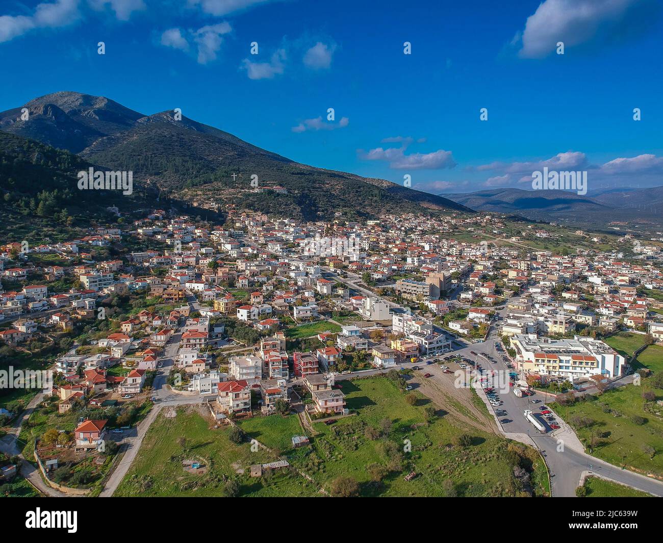 Aerial cityscape view of Molaoi town. It is a picturesque mountainous ...