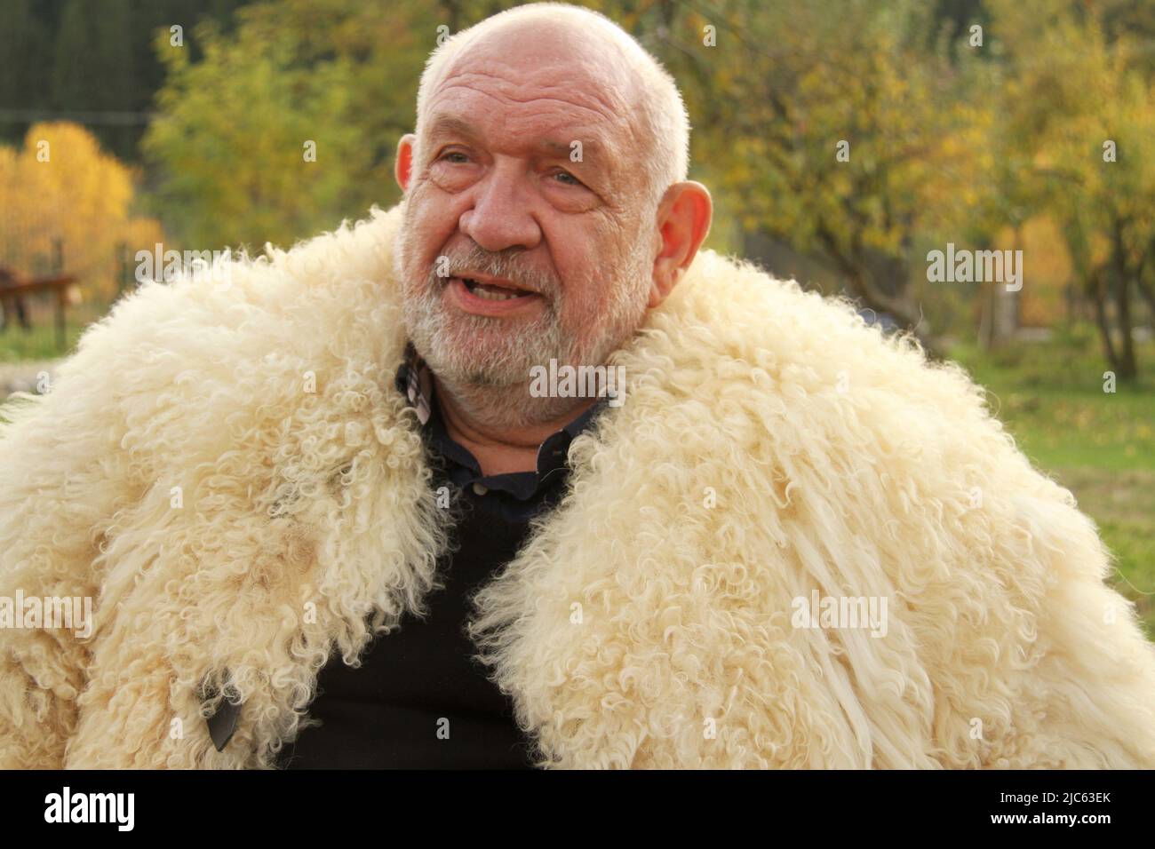 Romanian actor Valentin Teodosiu wearing a traditional shepherd woolen ...