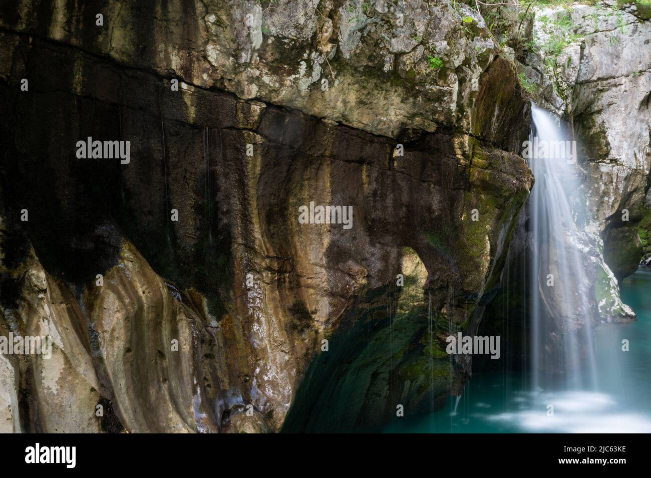 Beautiful view of big gorge cliff rocks of soca river and a blurred ...